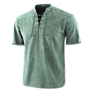 gdjgta cotton linen henley shirt for men drawstring short sleeve hippie casual lace up t shirt summer beach tops, green, xl