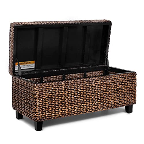 BIRDROCK HOME Wicker Storage Ottoman Bench with Lid - Large Rattan Chest for Blankets, Towels, and Shoes - Decorative Woven Trunk for Bedroom, Living Room, or Patio - Safety Hinges - Brown Wash