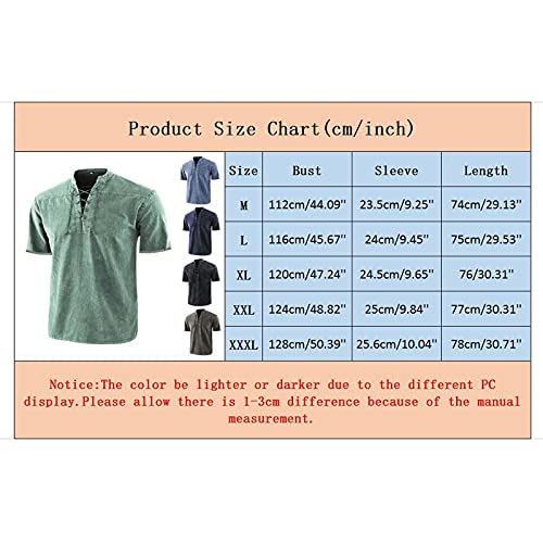 GDJGTA Cotton Linen Henley Shirt for Men Drawstring Short Sleeve Hippie Casual Lace Up T Shirt Summer Beach Tops, Green, XL