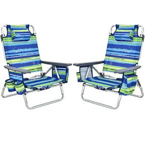 giantex beach chair 2-pack sling camping / sunbathing chairs with 5 adjustable position, head pillow, storage bag, towel bar, cup holders, folding fishing backpack lawn chairs