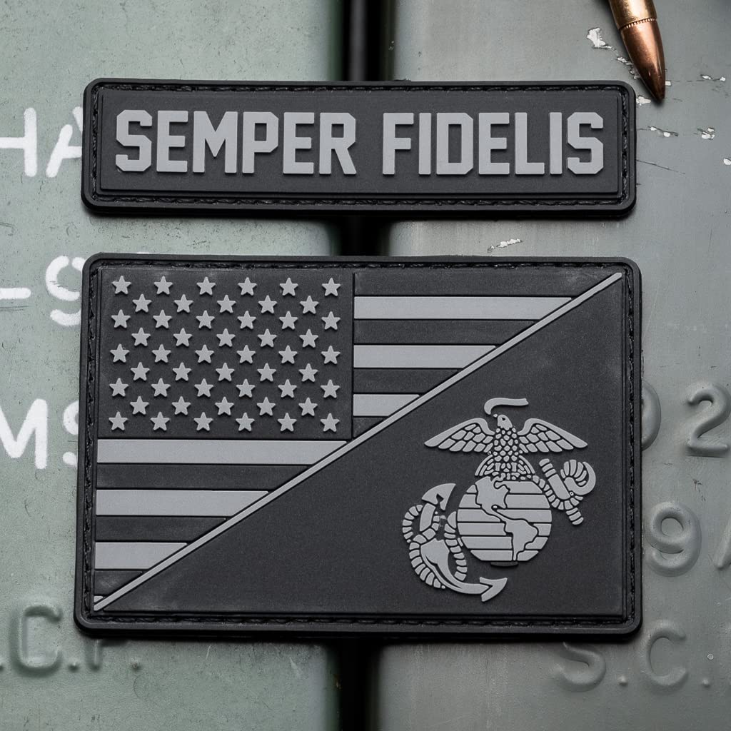 United States Marine Corps Patch Set - United States Flag Marines Patch - Semper Fidelis PVC Morale Patch – Hook Backed by NEO Tactical (Black & Grey)