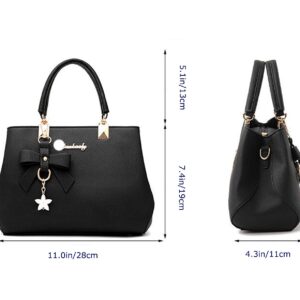 SMALLBLUER Top-handle Handbags Purse for Women Small Satchel PU Leather Shoulder Crossbody Bag with Bowtie Pendant-Black