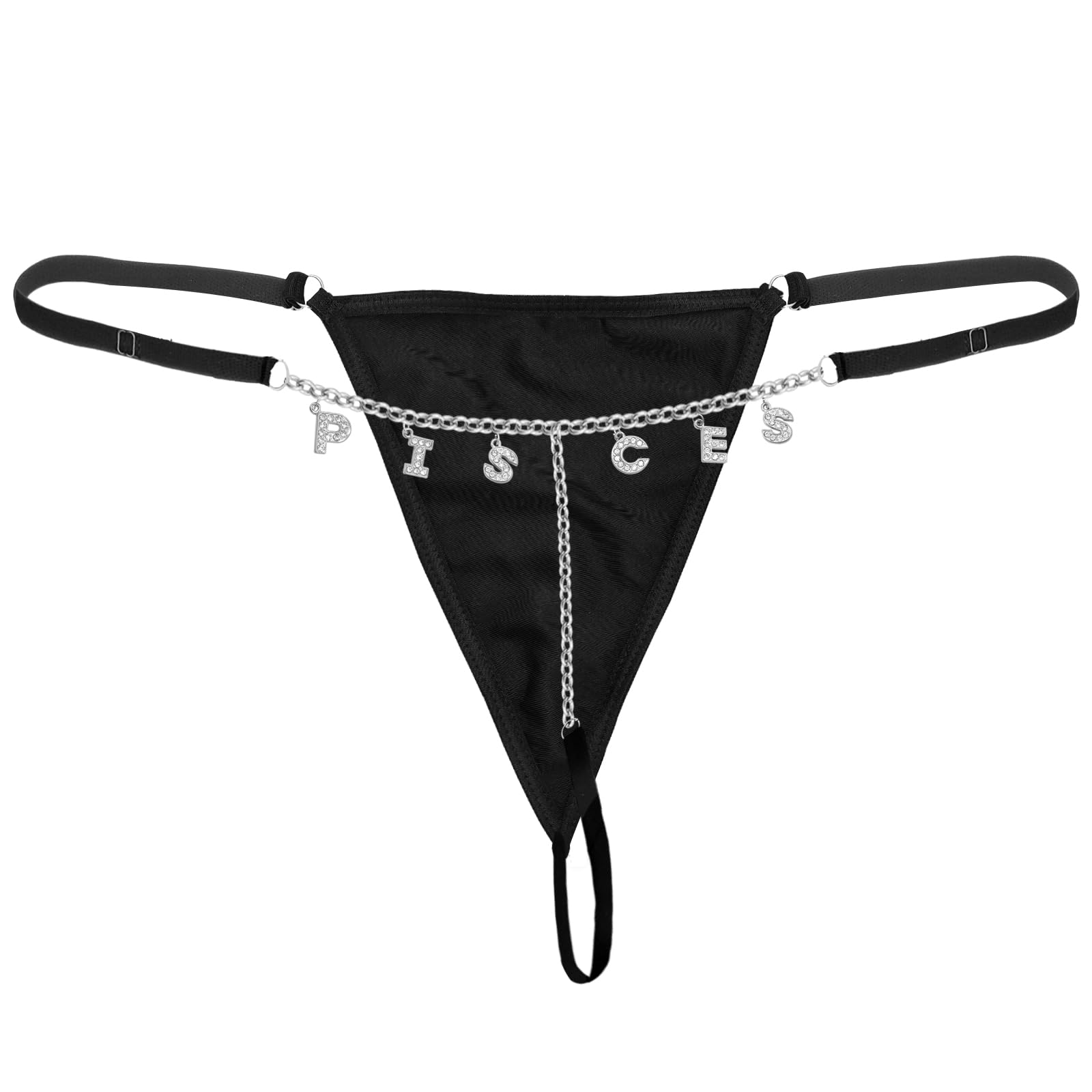 Women Rhinestone 12 Constellation Pendant G-Thong Sexy Pisces Letter Underpants with Waist Chain Belly Chain Panty Body Chain Jewerly