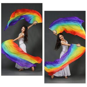 Nimiman Women 1 Pair (Left+Right) Silk Belly Dance Fan Veil Belly Dancing Long Hand Fan Length 150 cm Width 90 cm (Rainbow)