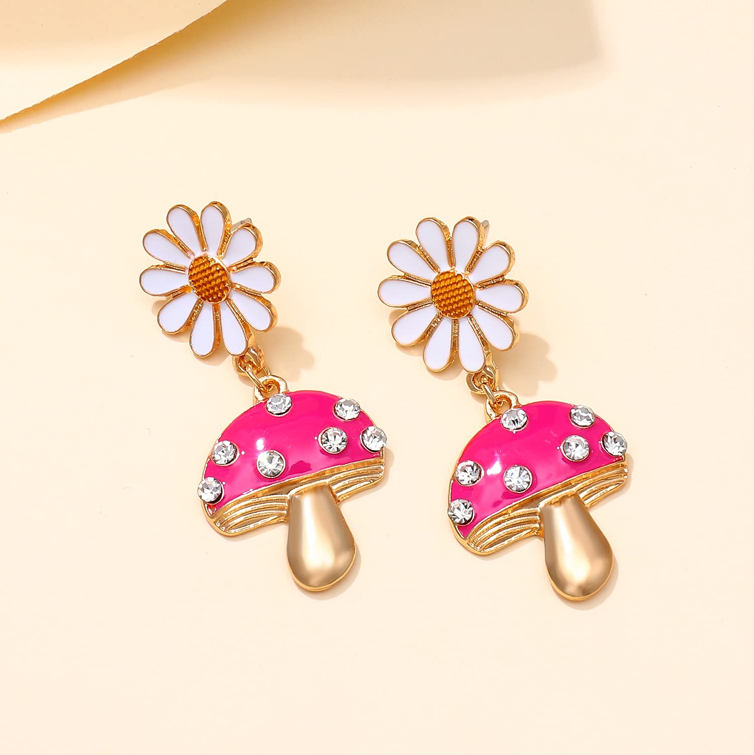 Daisy Stud Earrings Cute Mushroom Cubic Zirconia Pendant Earrings Metal Dangle Earrings for Women Jewelry Gifts