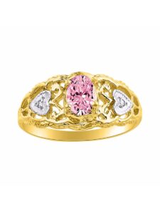 rylos rings for women 14k gold plated silver ring filigree heart birthstone ring 6x4mm gemstone & diamonds october pink ice jewelry for women size 5