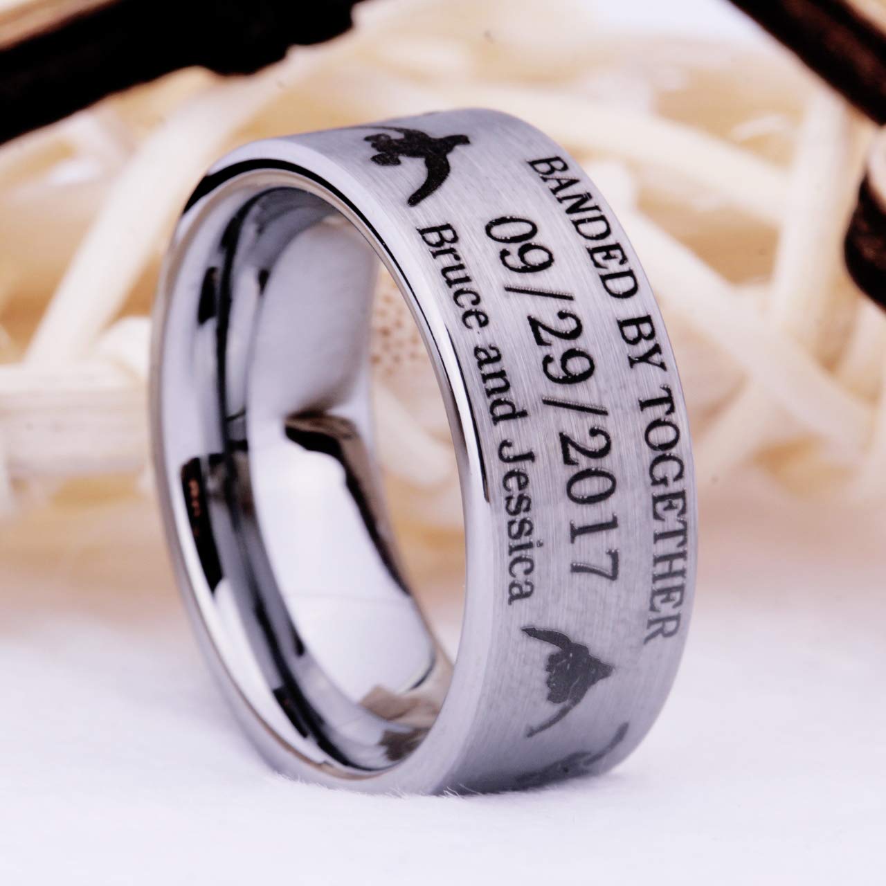 CLOUD DANCER Customizable for Wedding Date and The Names of Groom and Bride - Hunting Ducks Design and Matted Finished Tungsten Carbide Ring (8mm Width Silver Tone, 11)