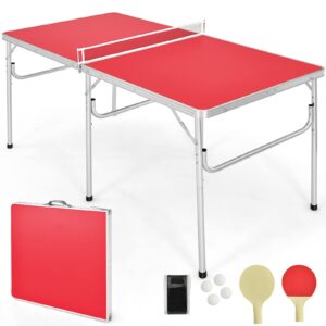 goplus foldable ping pong table, 100% preassembled, portable table tennis table game set with net, 2 table tennis paddles and ping pong balls for indoor outdoor use (red-60'')