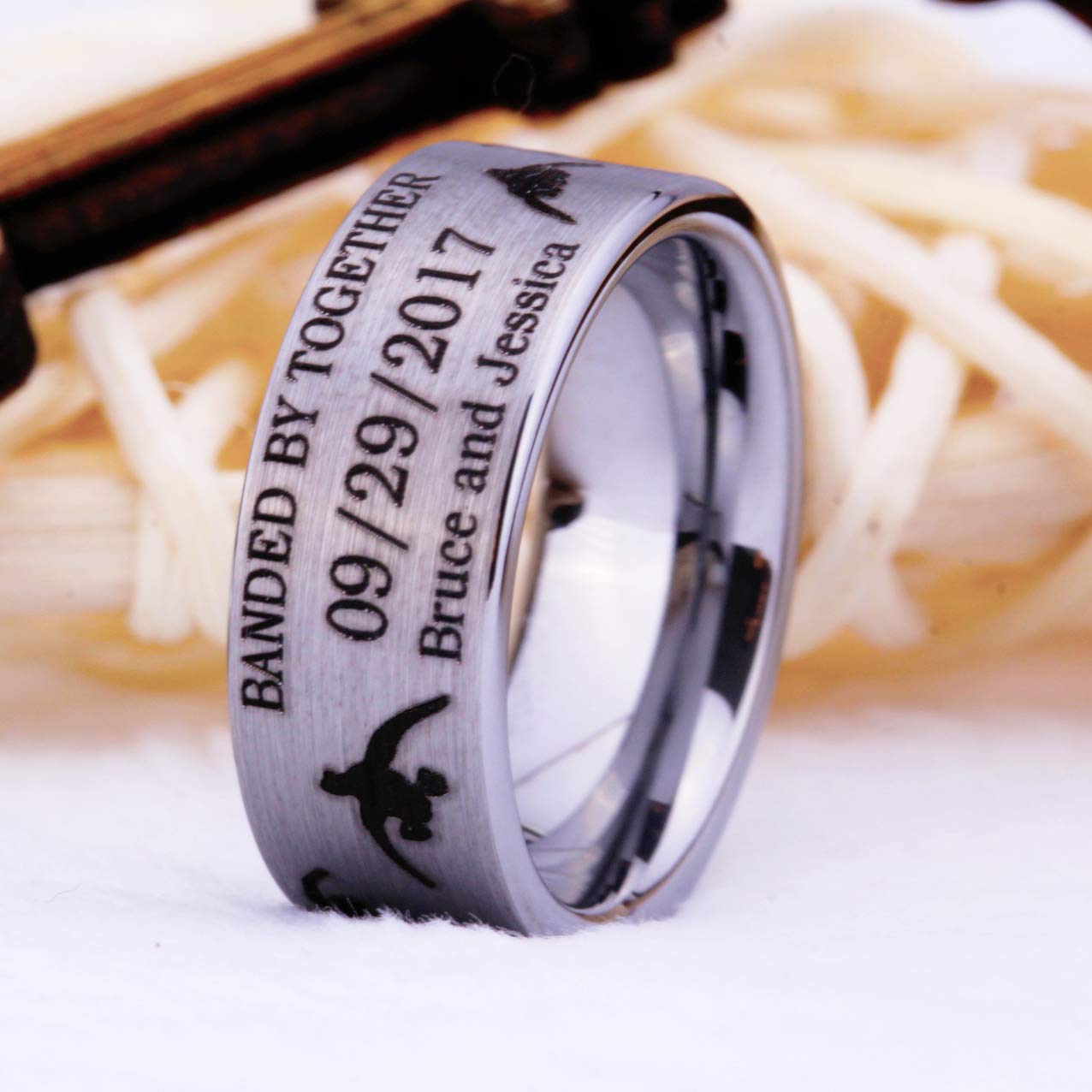 CLOUD DANCER Customizable for Wedding Date and The Names of Groom and Bride - Hunting Ducks Design and Matted Finished Tungsten Carbide Ring (8mm Width Silver Tone, 11)