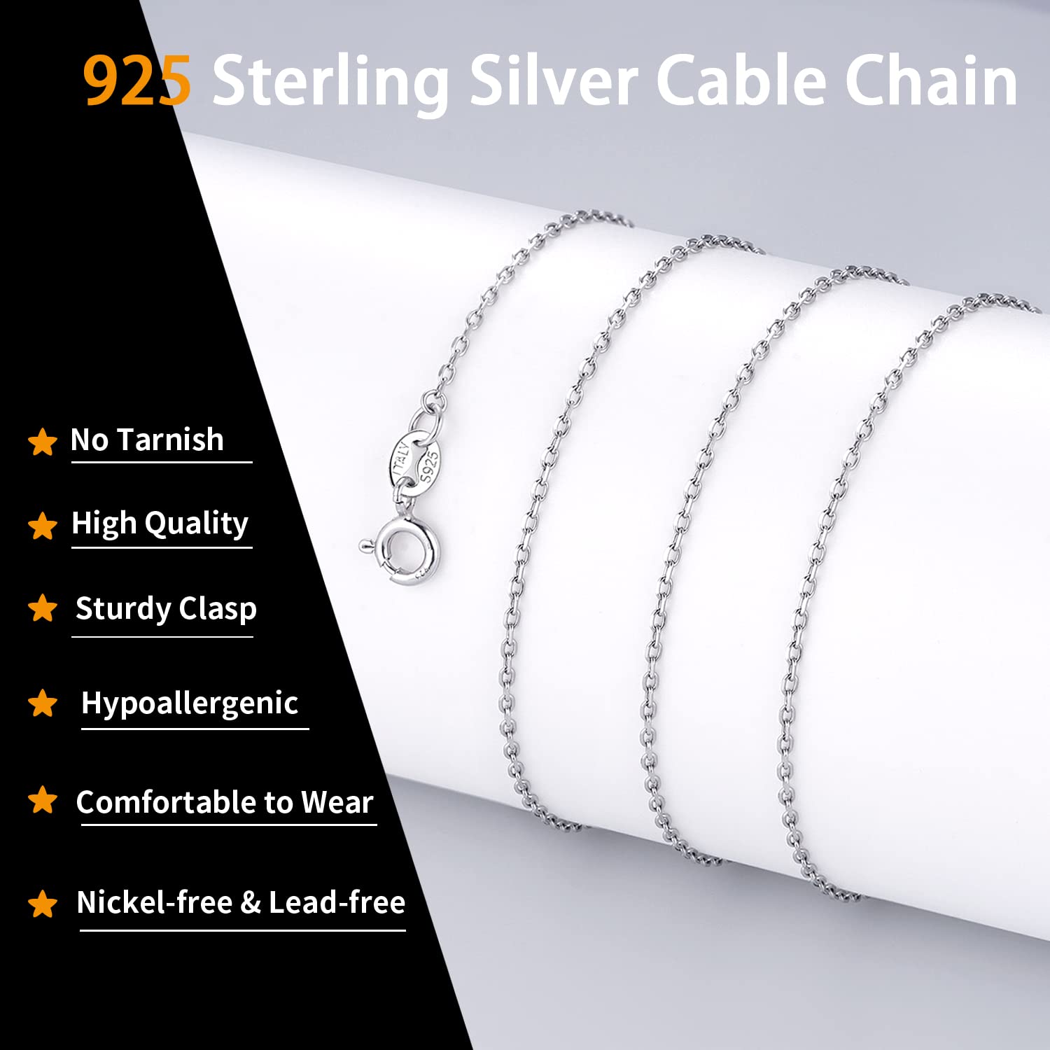 Jewlpire Solid 925 Sterling Silver Chain Necklace for Women, 1.3mm Cable Chain Silver Chain for Women Sturdy & Shiny Women's Chain Necklaces, 18 Inch