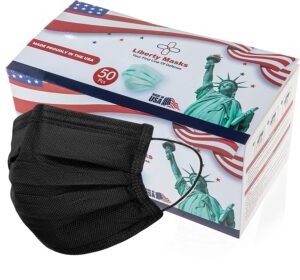 liberty masks [50-pack] made in usa | black | 3 ply disposable face masks | adjustable nose wire | breathable face covering | lightweight | soft elastic ear loops