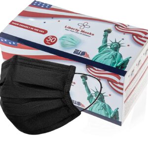 Liberty Masks [50-Pack] Made in USA | Black | 3 Ply Disposable Face Masks | Adjustable Nose Wire | Breathable Face Covering | Lightweight | Soft Elastic Ear Loops