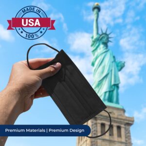 Liberty Masks [50-Pack] Made in USA | Black | 3 Ply Disposable Face Masks | Adjustable Nose Wire | Breathable Face Covering | Lightweight | Soft Elastic Ear Loops