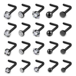 allerpierce 20g 20pcs nose studs rings stainless steel cz black l shape stud nose piercing jewelry for women men hypoallergenic nose pin 1.5mm 2mm 2.5mm 3mm