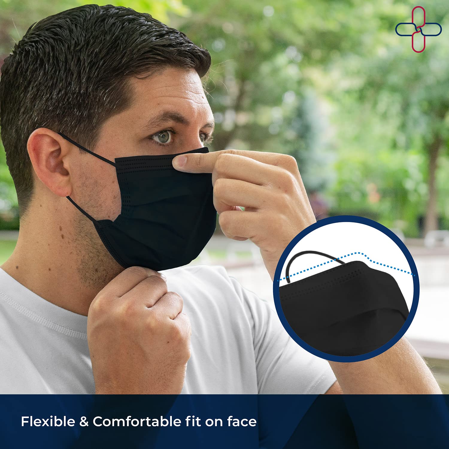 Liberty Masks [50-Pack] Made in USA | Black | 3 Ply Disposable Face Masks | Adjustable Nose Wire | Breathable Face Covering | Lightweight | Soft Elastic Ear Loops