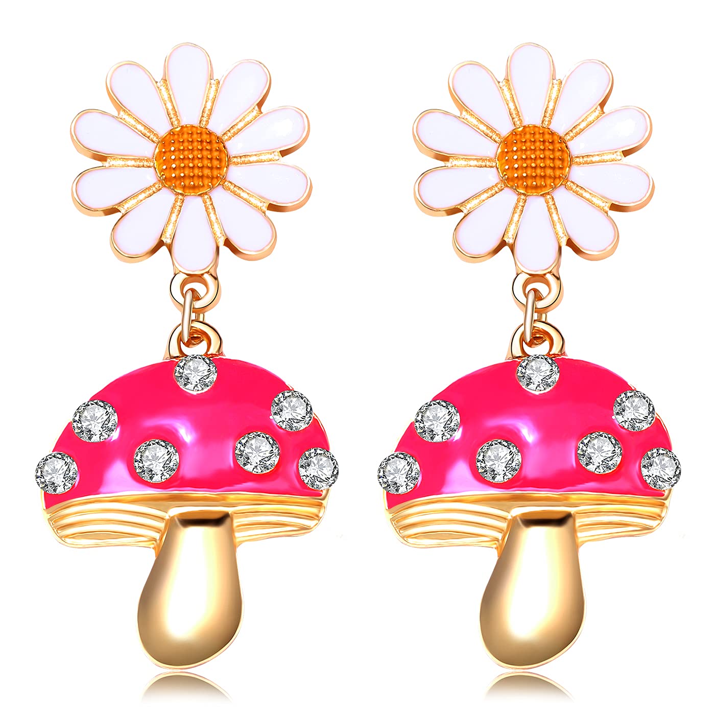 Daisy Stud Earrings Cute Mushroom Cubic Zirconia Pendant Earrings Metal Dangle Earrings for Women Jewelry Gifts