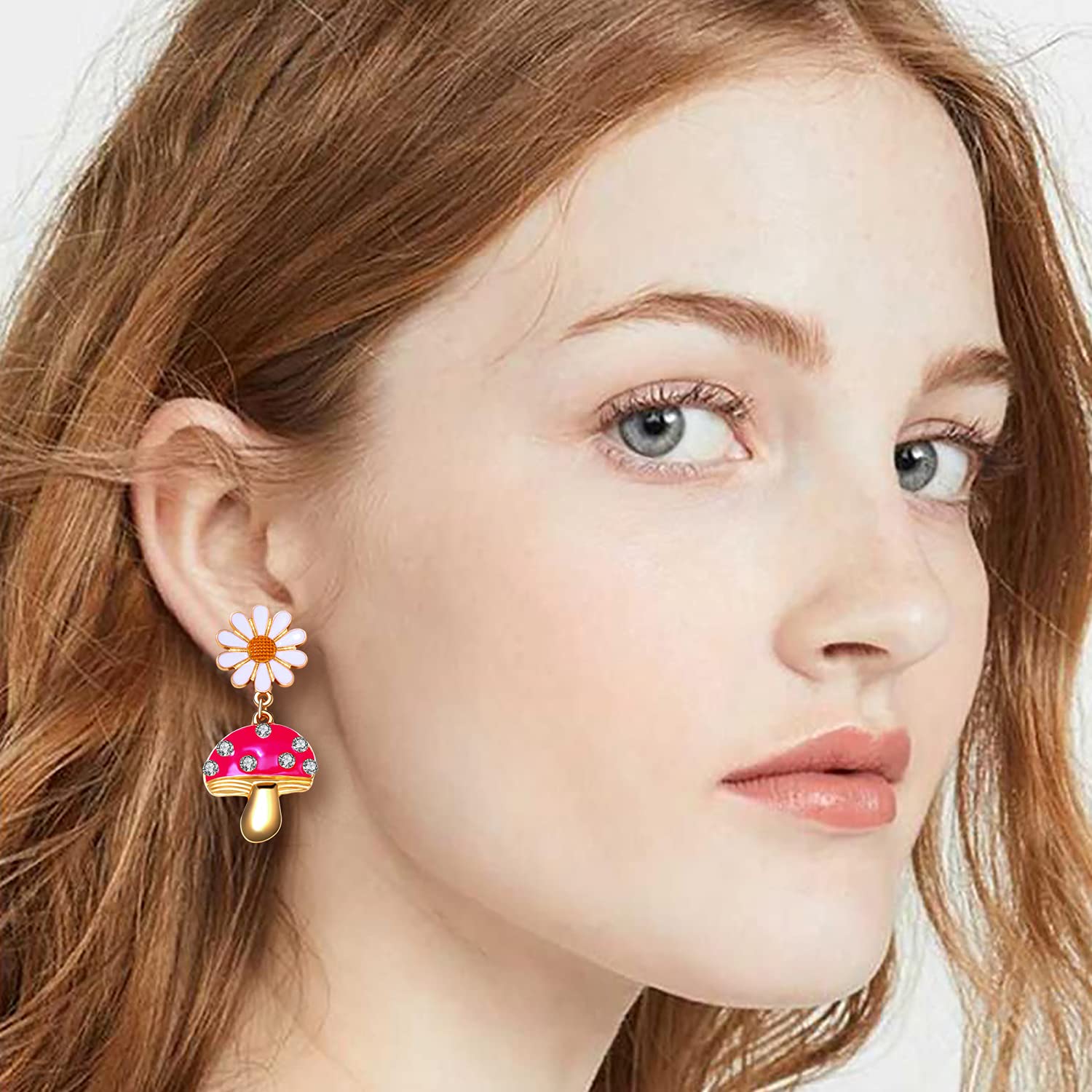 Daisy Stud Earrings Cute Mushroom Cubic Zirconia Pendant Earrings Metal Dangle Earrings for Women Jewelry Gifts