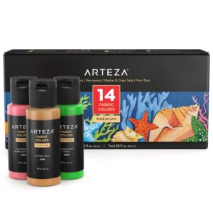 arteza fabric paint, set of 14, permanent acrylic paint, textile paint for drawing on t-shirts, denim, cotton, linen, and mixed fabrics