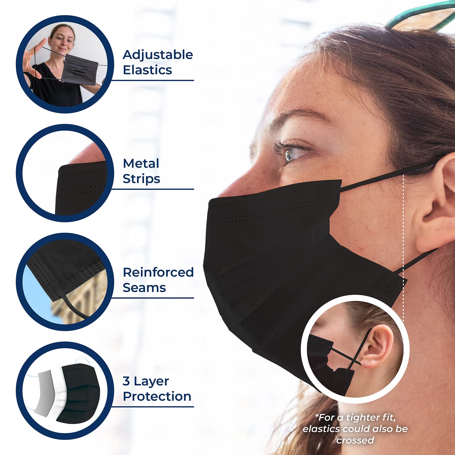 Liberty Masks [50-Pack] Made in USA | Black | 3 Ply Disposable Face Masks | Adjustable Nose Wire | Breathable Face Covering | Lightweight | Soft Elastic Ear Loops