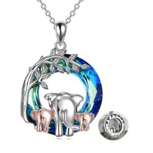 poplyke elephant family necklace jewelry sterling silver three elephant blue circle crystal necklace women's mother's day gift gift for mom from daughter husband