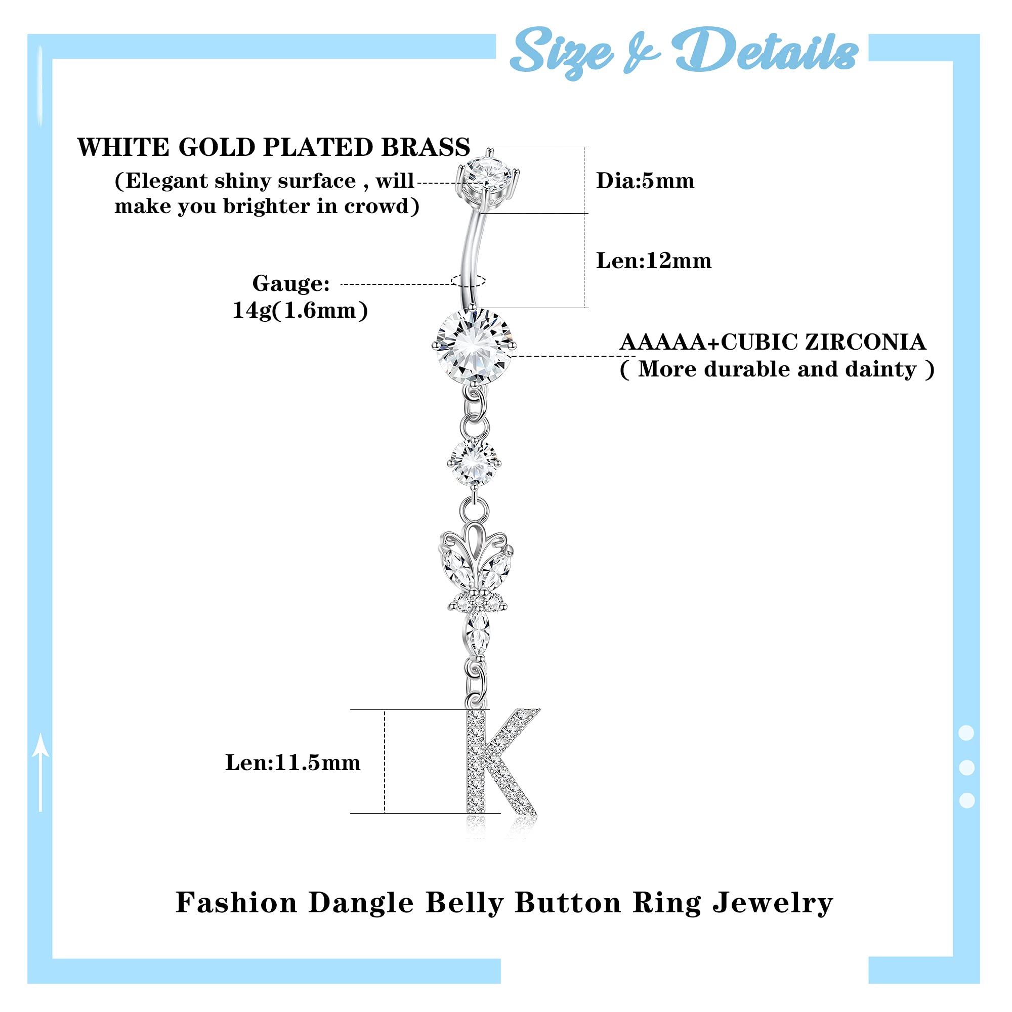 DOLOTTA 14G Belly Button Rings Dangle For Women With CZ Initials 316L Surgical Steel Rings Body Piercing Jewelry