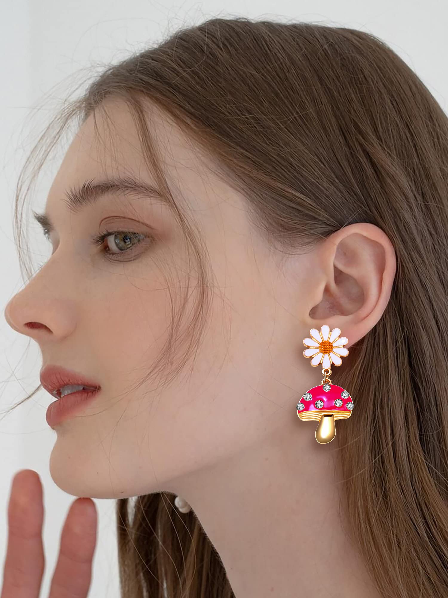 Daisy Stud Earrings Cute Mushroom Cubic Zirconia Pendant Earrings Metal Dangle Earrings for Women Jewelry Gifts