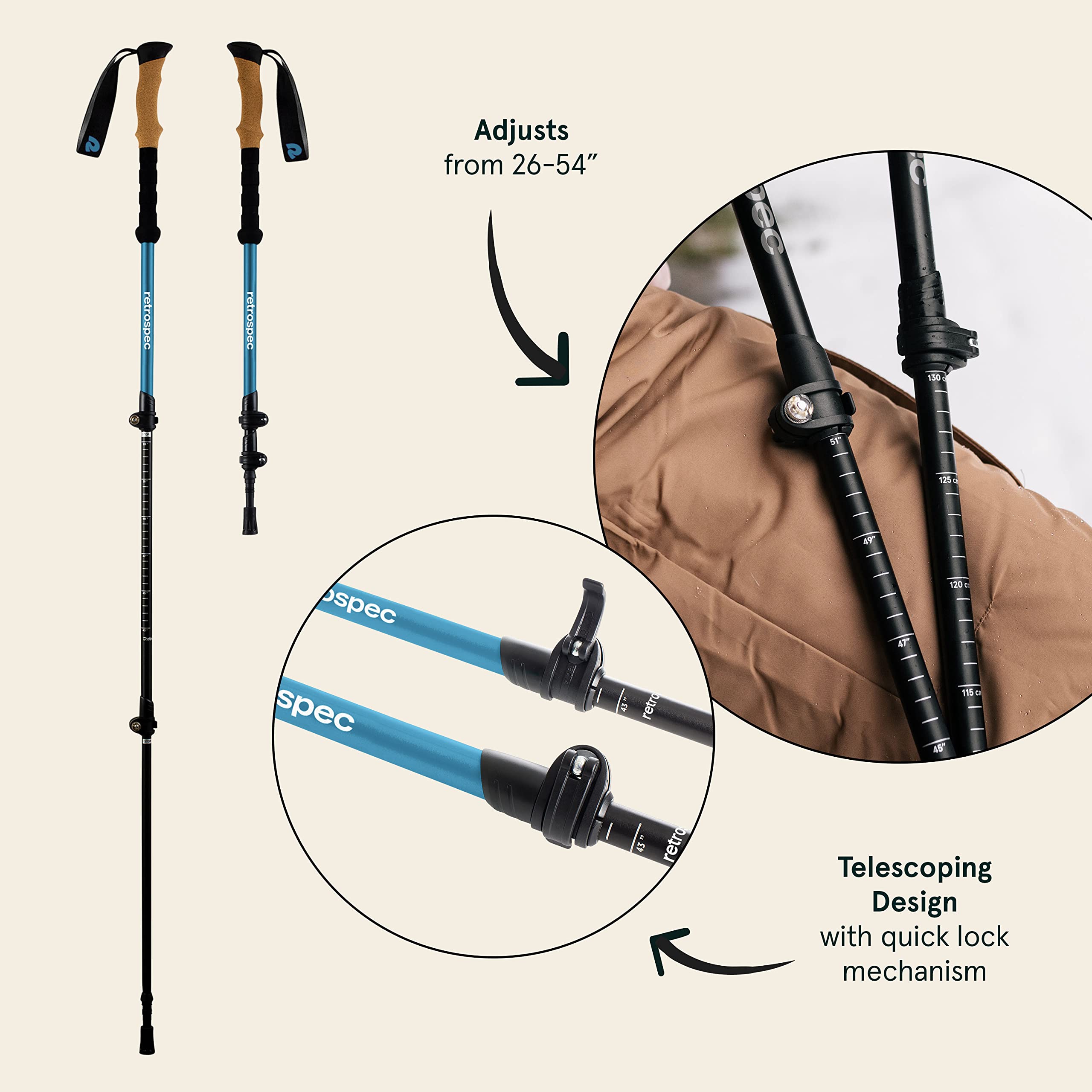 Retrospec Solstice Hiking Poles for Men & Women - Adjustable and Collapsible Lightweight Walking & Trekking Sticks - Aluminum w/ Cork or Foam Grip