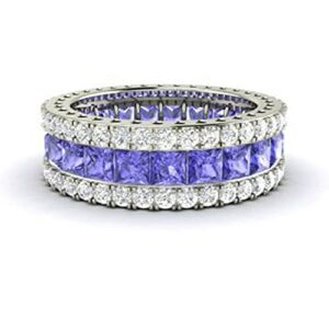 2 4/5 CT Princess Shape Simulated Blue Tanzanite & White Cubic Zirconia Eternity Wedding Engagement Ring in 14K White Gold Plated 925 Sterling Silver (2.80 Cttw) Ring Size - 7