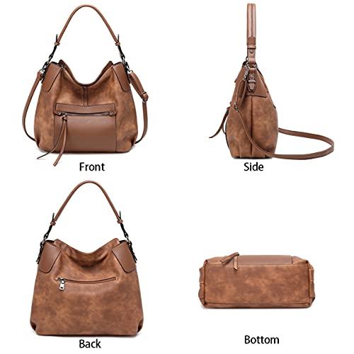 Hobo Bags for Women Handbags Boho Crossbody Ladies Shoulder Purses Designer Faux Leather with Wallet Brown 3PCS Set