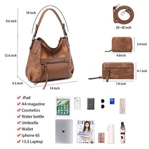 Hobo Bags for Women Handbags Boho Crossbody Ladies Shoulder Purses Designer Faux Leather with Wallet Brown 3PCS Set