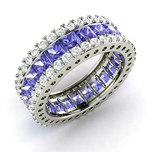 2 4/5 CT Princess Shape Simulated Blue Tanzanite & White Cubic Zirconia Eternity Wedding Engagement Ring in 14K White Gold Plated 925 Sterling Silver (2.80 Cttw) Ring Size - 7