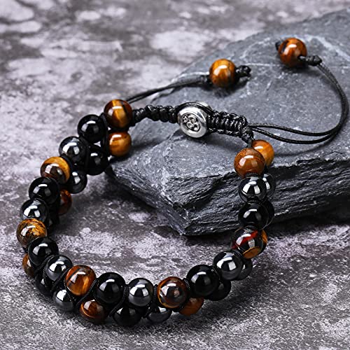 2 Pieces Lava Rock Bead Bracelets Hematite Black Obsidian Tiger Eye Stone Bracelet Healing Crystal Gemstone Bead Bracelet Adjustable Anxiety Bracelet