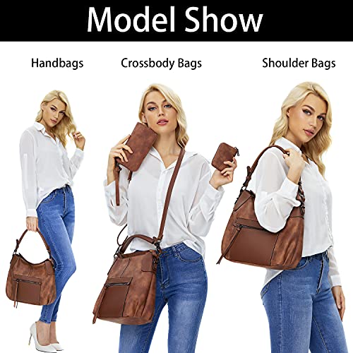 Hobo Bags for Women Handbags Boho Crossbody Ladies Shoulder Purses Designer Faux Leather with Wallet Brown 3PCS Set