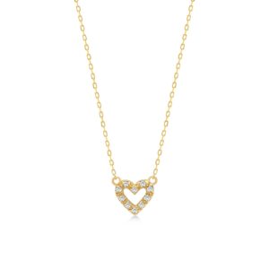 diamond heart necklace | 14k yellow gold open heart necklaces for women | 14k solid gold mini heart pendant necklace | dainty pave diamond jewelry | gifts for birthday, 18"