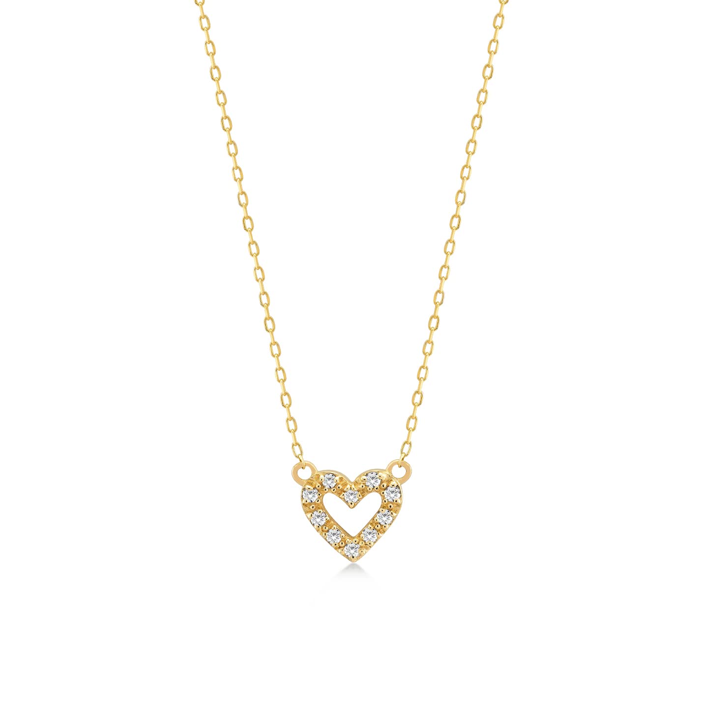 Diamond Heart Necklace | 14k Yellow Gold Open Heart Necklaces for Women | 14k Solid Gold Mini Heart Pendant Necklace | Dainty Pave Diamond Jewelry | Gifts for Birthday, 18"