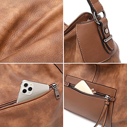 Hobo Bags for Women Handbags Boho Crossbody Ladies Shoulder Purses Designer Faux Leather with Wallet Brown 3PCS Set