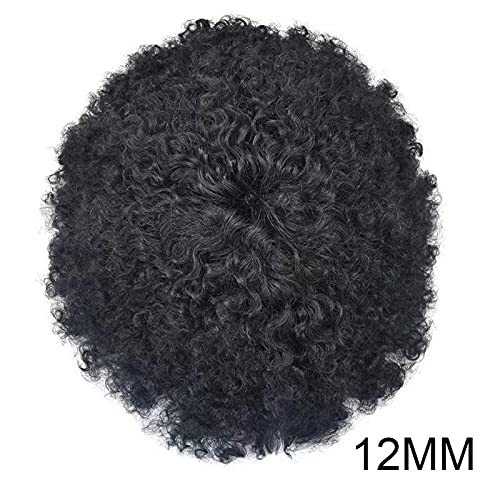 CURVE HAIR afro Toupee For Black Men African American Afro Hair Systems Full Poly THIN SKIN Hair Units Black Men Brazilian Human Hair Male ALL PU Hair Replacement with weaves(8"X10", #1Jet Black-12mm Afro Wave Curl)