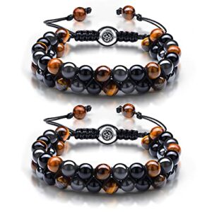 2 pieces lava rock bead bracelets hematite black obsidian tiger eye stone bracelet healing crystal gemstone bead bracelet adjustable anxiety bracelet