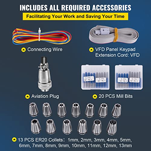 VEVOR VFD CNC Spindle Motor Kits 110V CNC Spindle Motor Kits 2.2KW Water Cooled Spindle Motor 400HZ 24000RPM VFD 3HP Water Pump 80W Water Pipe 6m&13pcs Collet CNC Kit&20pcs Mill Bits for CNC Engraver