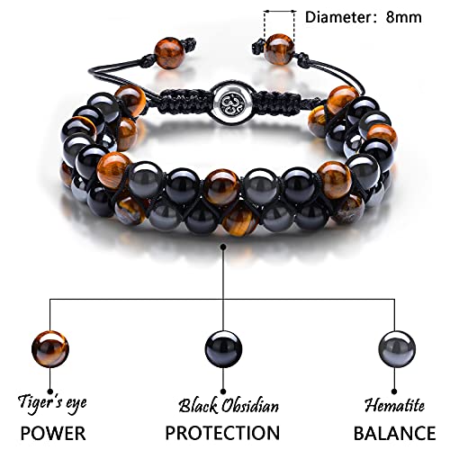 2 Pieces Lava Rock Bead Bracelets Hematite Black Obsidian Tiger Eye Stone Bracelet Healing Crystal Gemstone Bead Bracelet Adjustable Anxiety Bracelet