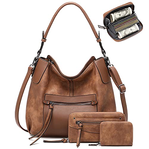 Hobo Bags for Women Handbags Boho Crossbody Ladies Shoulder Purses Designer Faux Leather with Wallet Brown 3PCS Set