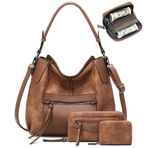 hobo bags for women handbags boho crossbody ladies shoulder purses designer faux leather with wallet brown 3pcs set