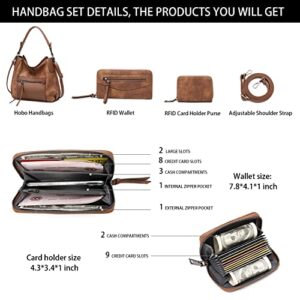 Hobo Bags for Women Handbags Boho Crossbody Ladies Shoulder Purses Designer Faux Leather with Wallet Brown 3PCS Set