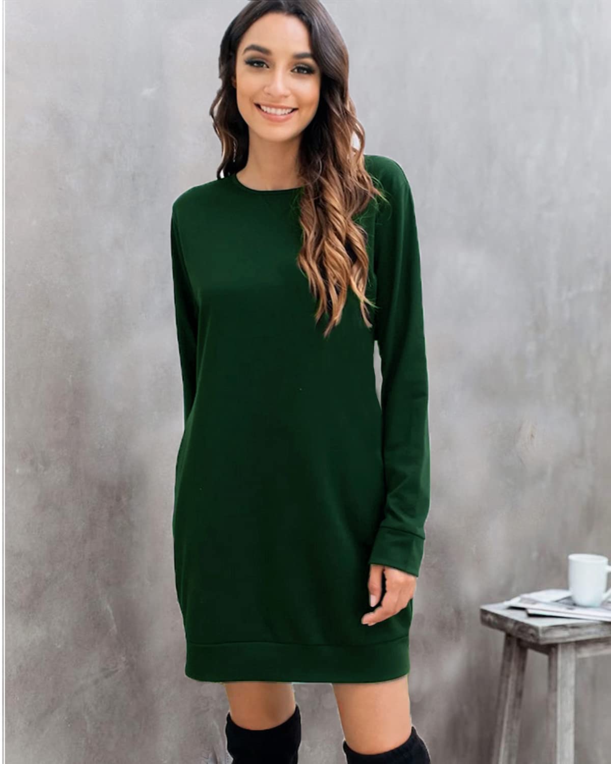 LuckyMore Sweatshirt Dress Women Casual Long Sleeve Tunic Dresses with Pockets Trendy Fall Winter Clothes Dark Green L