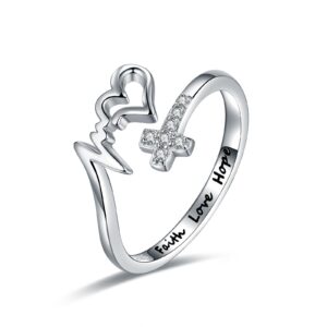 ejalen s925-sterling-silver faith hope love heart cross rings for women adjustable inspirational faith over fear ring jewelry jesus christmas gifts for teens grils size 6-8 (white)