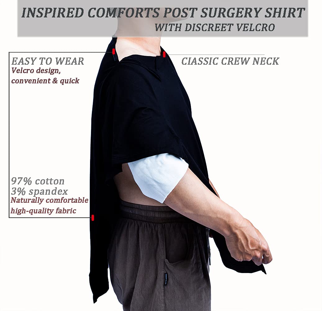 OUDI LINE Uni-Sex Post Shoulder Surgery Shirt & Rehab Shirt with Stick On Fasteners, Convenient and Quick (Large, Black)