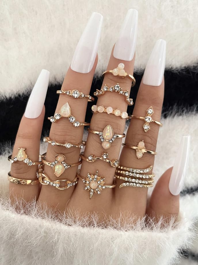 HUASAI Gold Rings for Women Non Tarnish Gifts Trendy Stuff Stackable Rings Boho Knuckle Rings Set Midi Pinky Rings Pack Trendy Turquoise Rings Christmas Gifts Stocking Stuffers(Ring A)