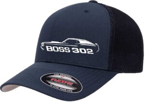 1970 ford boss 302 mustang classic outline design flexfit 6511 trucker mesh fitted cap navy