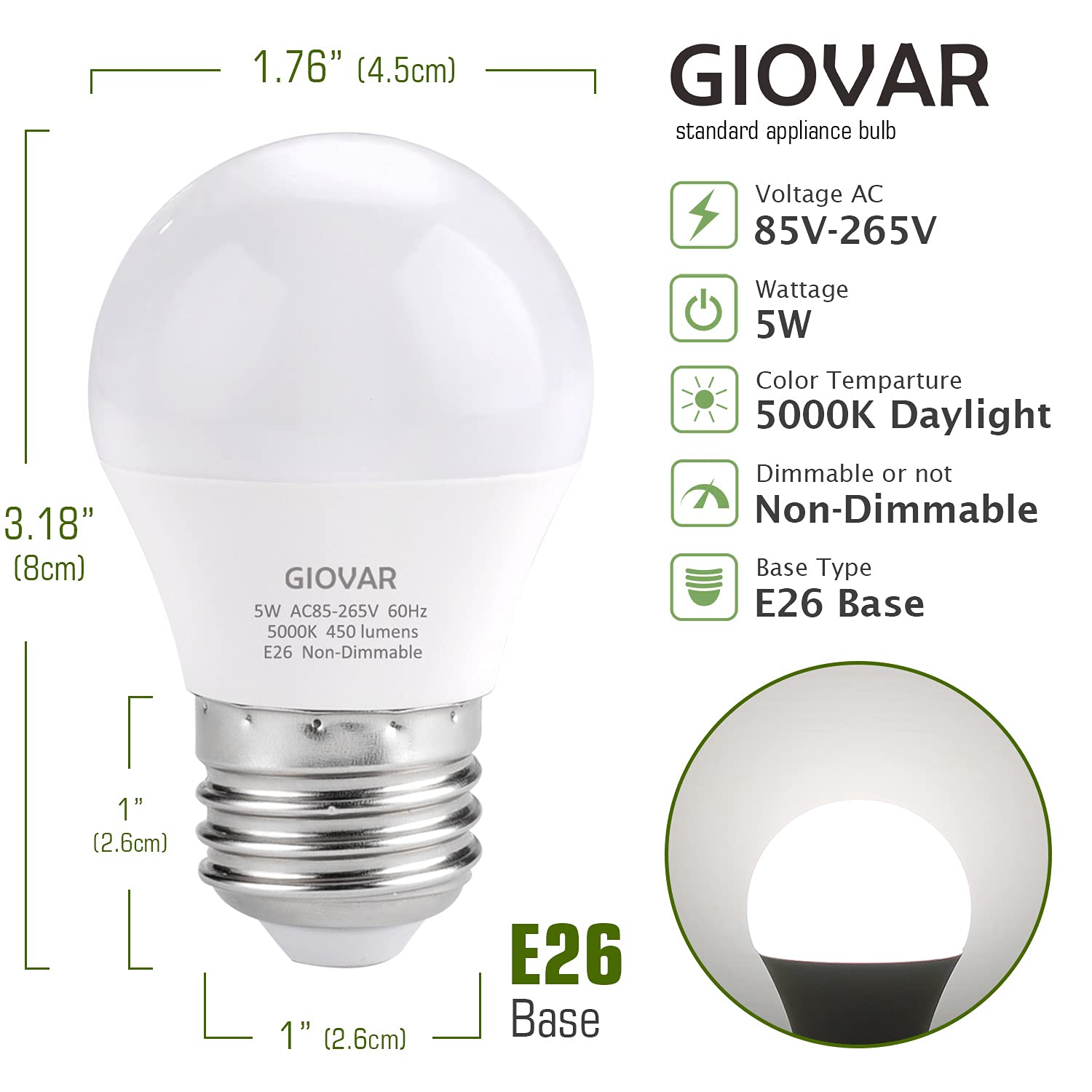 GIOVAR 2-Pack LED Refrigerator Light Bulbs 40 Watt Equivalent 120V, A15 Appliance Light Bulb Daylight 5000K for Fridge, E26 Base, Waterproof, Non-Dimmable