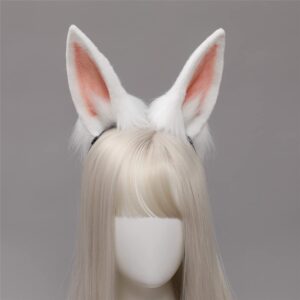 Faylay Plush Furry Bunny Headwear Artificial Rabbit Ear Headband Simulation (2-White)